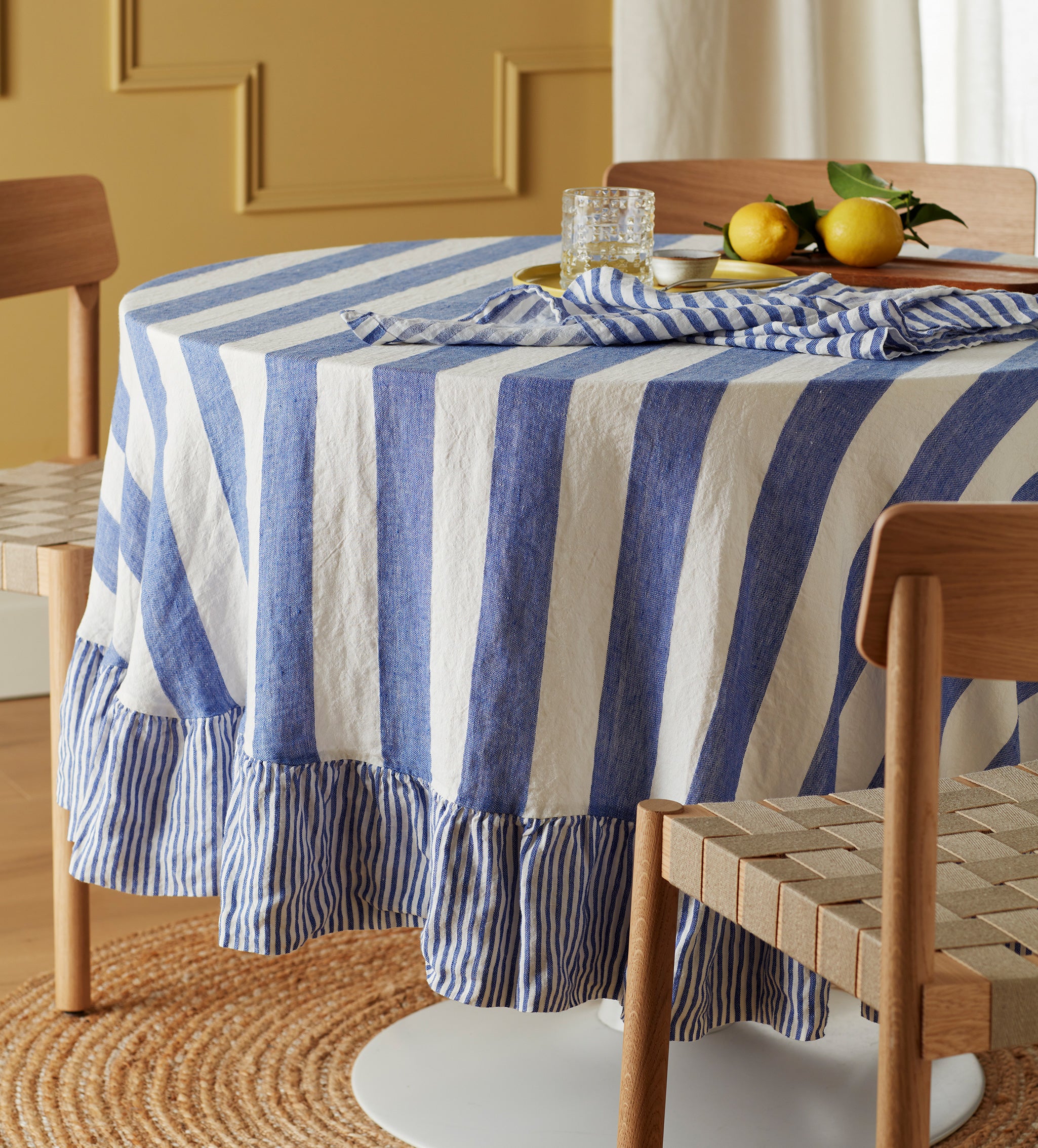 Cobalt Linen Round Frill Tablecloth | Secret Linen Store