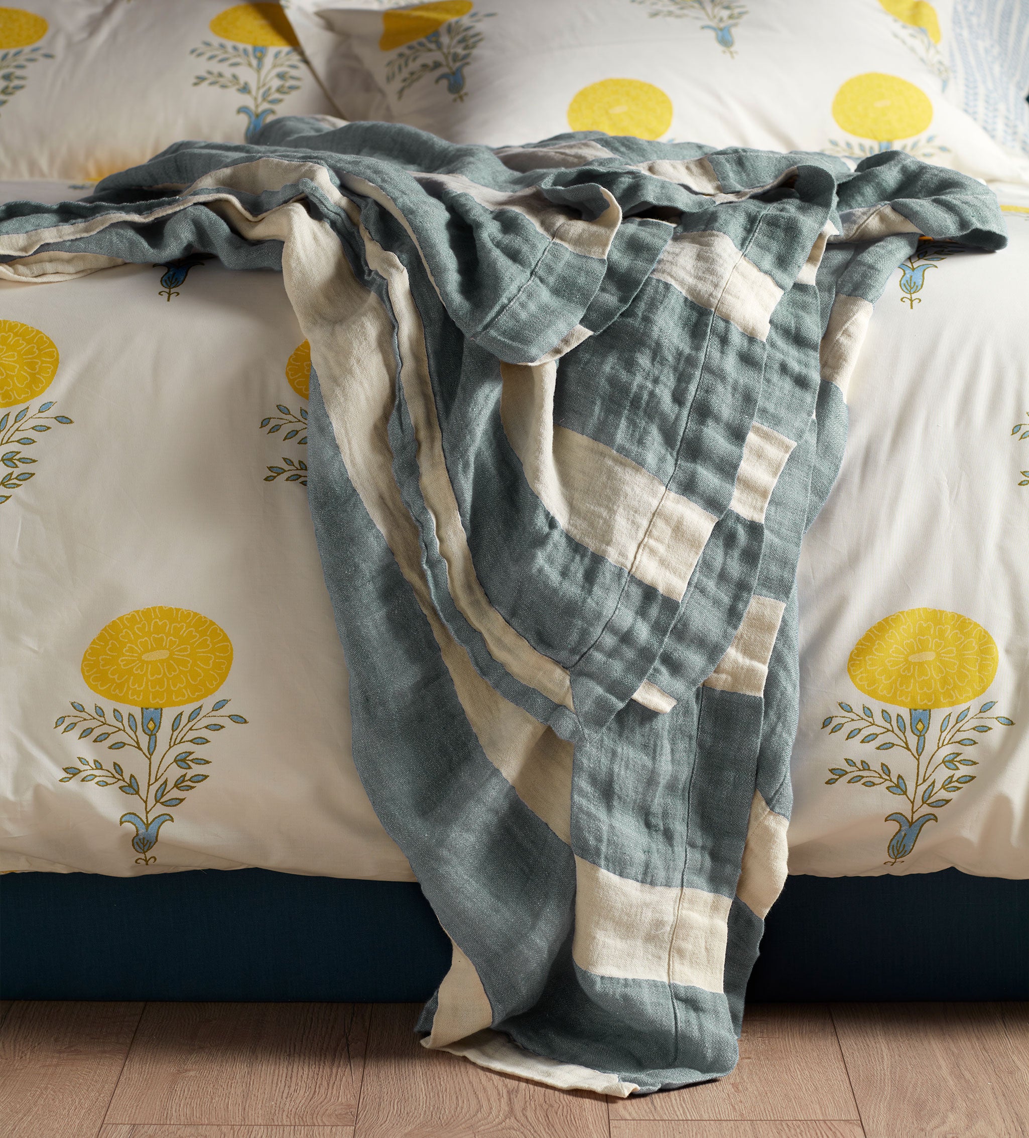 Molly Mahon Teal Stripe Cotton/Linen Throw | Secret Linen Store